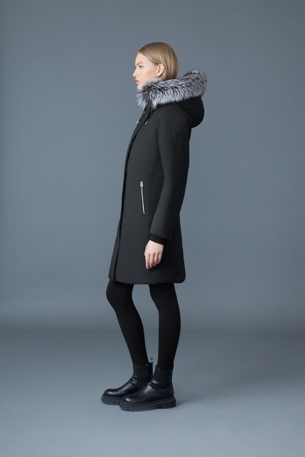 Shiloh, 2-in-1 fitted down coat with removable bib and silver fox fur ...